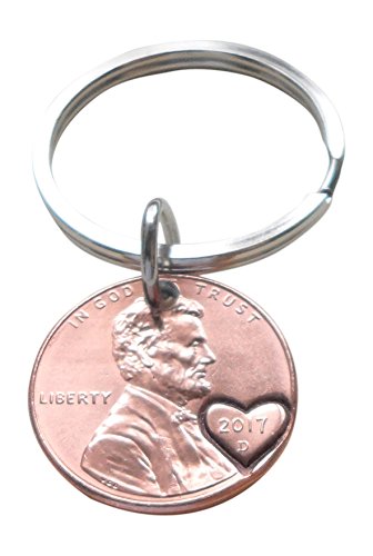 2017 Penny Keychain With Heart Around Year; 6 Year Anniversary, Couples Keychain