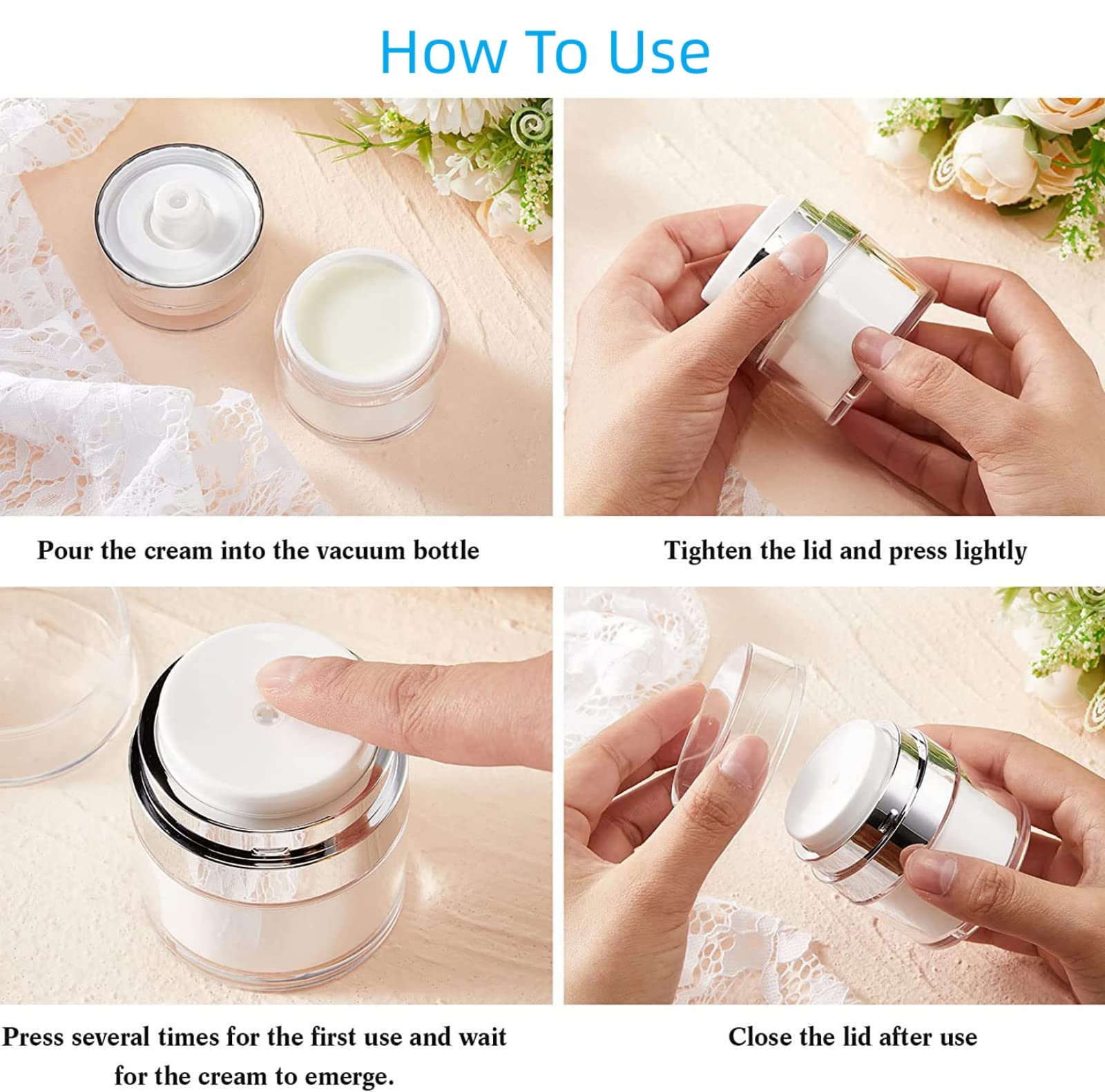 Minsily 4 Pack Airless Pump Jars, 1.7 oz Airless Pump Bottles Cream Jar Vacuum Cosmetics Pump Bottle Dispenser Travel Container Empty Airless Cosmetic Container for Skincare Cream Lotions Moisturizer