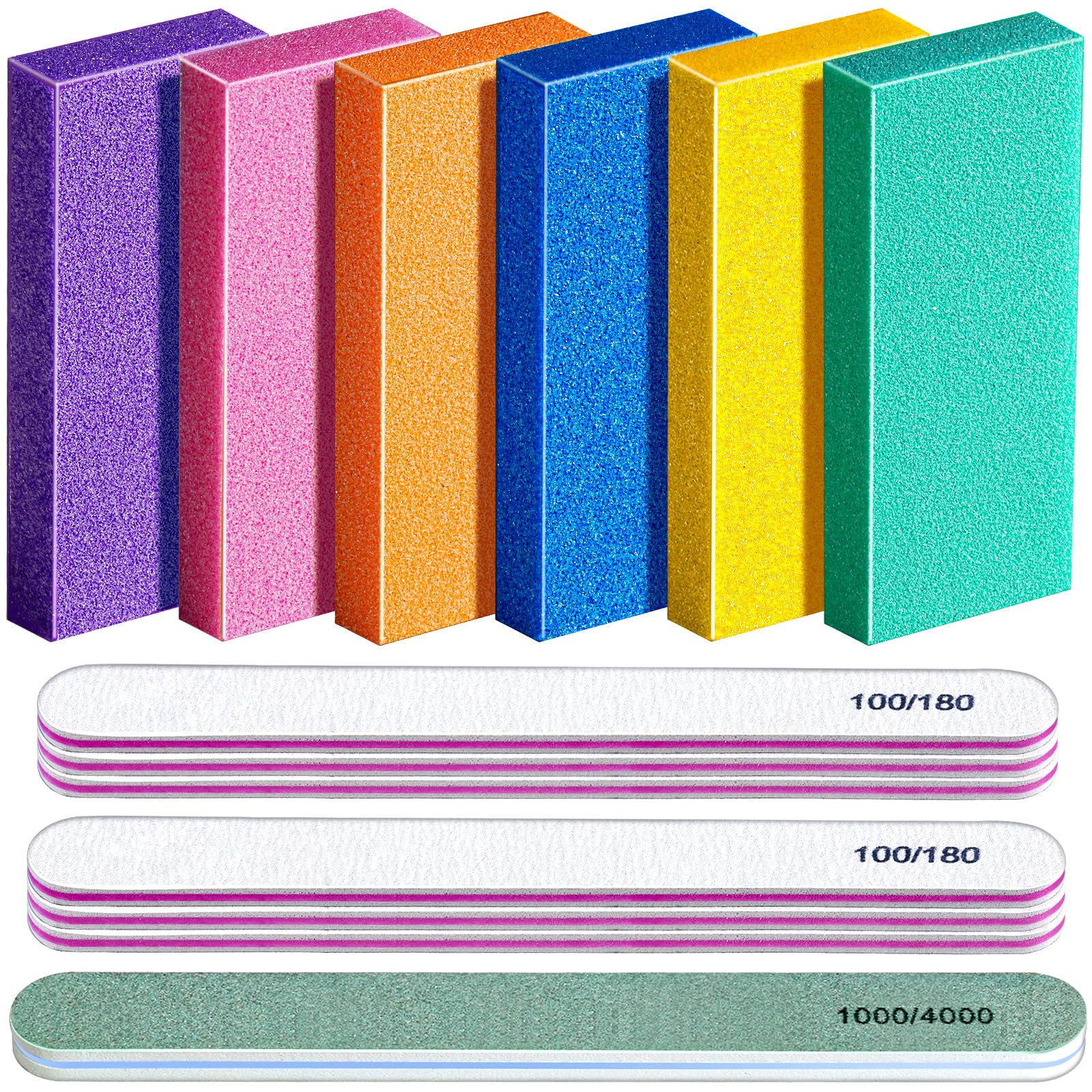FANDAMEI Nail Buffer File, Professional Nail Tools kit with 6PCS Rectangular Nail Buffer Block, 6PCS 100/180 Nail Files and 1PCS 1000/4000 Nail Buffer. Nail Buffer File Kit for Nail Care