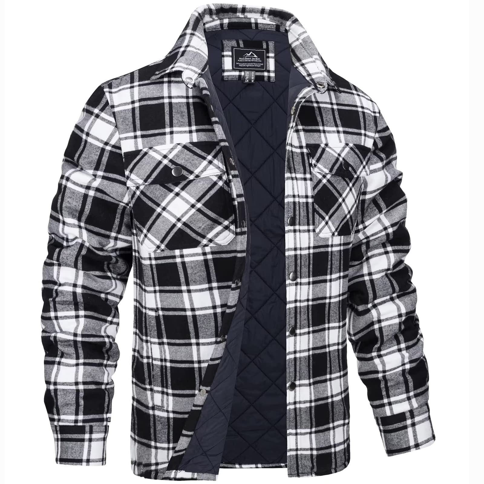 chouyatou Men's Quilted Lined Flannel Shirt Jackets Long Sleeve Plaid Button Down Shacket Coat (Large, Black)