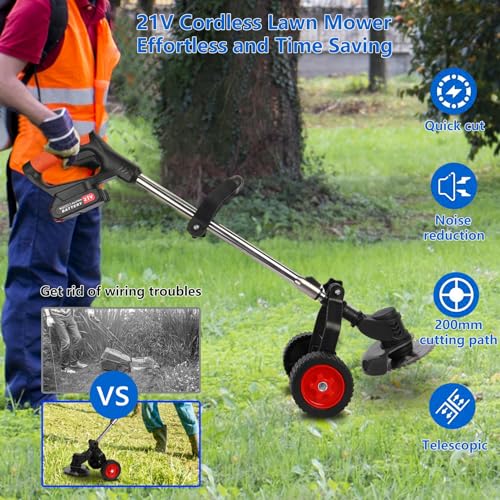 Hesitroad 3 in 1 Electric Grass Trimmer, Rechargeable D-Shaped Handle Weed Eater Cordless 2 Wheel Telescopic Lawn Mower Full Functional Brush Cutter for Garden 21V 2000mAh Batteries Supply 850W