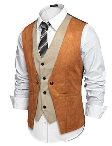 COOFANDY Men's Suede Leather Vest Layered Style Dress Vest Waistcoat, Rust, XX-Large