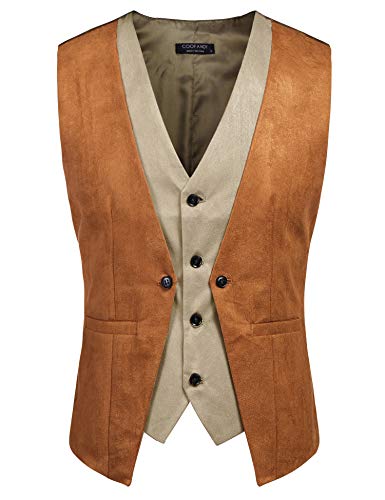 COOFANDY Men's Suede Leather Vest Layered Style Dress Vest Waistcoat, Rust, XX-Large