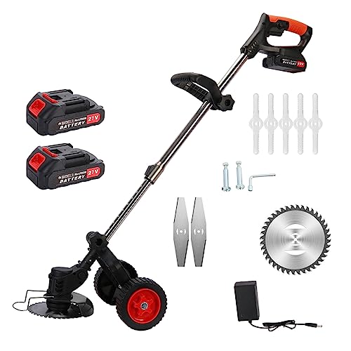 Hesitroad 3 in 1 Electric Grass Trimmer, Rechargeable D-Shaped Handle Weed Eater Cordless 2 Wheel Telescopic Lawn Mower Full Functional Brush Cutter for Garden 21V 2000mAh Batteries Supply 850W