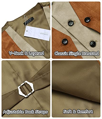 COOFANDY Men's Suede Leather Vest Layered Style Dress Vest Waistcoat, Rust, XX-Large