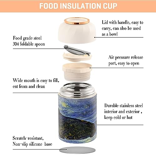 CUPADA Cat Art Funny Food Jar, Van Gogh Style Insulated Hot Food Jars Vacuum 17OZ with Folding Spoon for Work Trip Picnic Camping