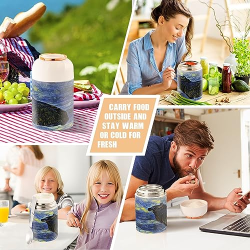 CUPADA Cat Art Funny Food Jar, Van Gogh Style Insulated Hot Food Jars Vacuum 17OZ with Folding Spoon for Work Trip Picnic Camping