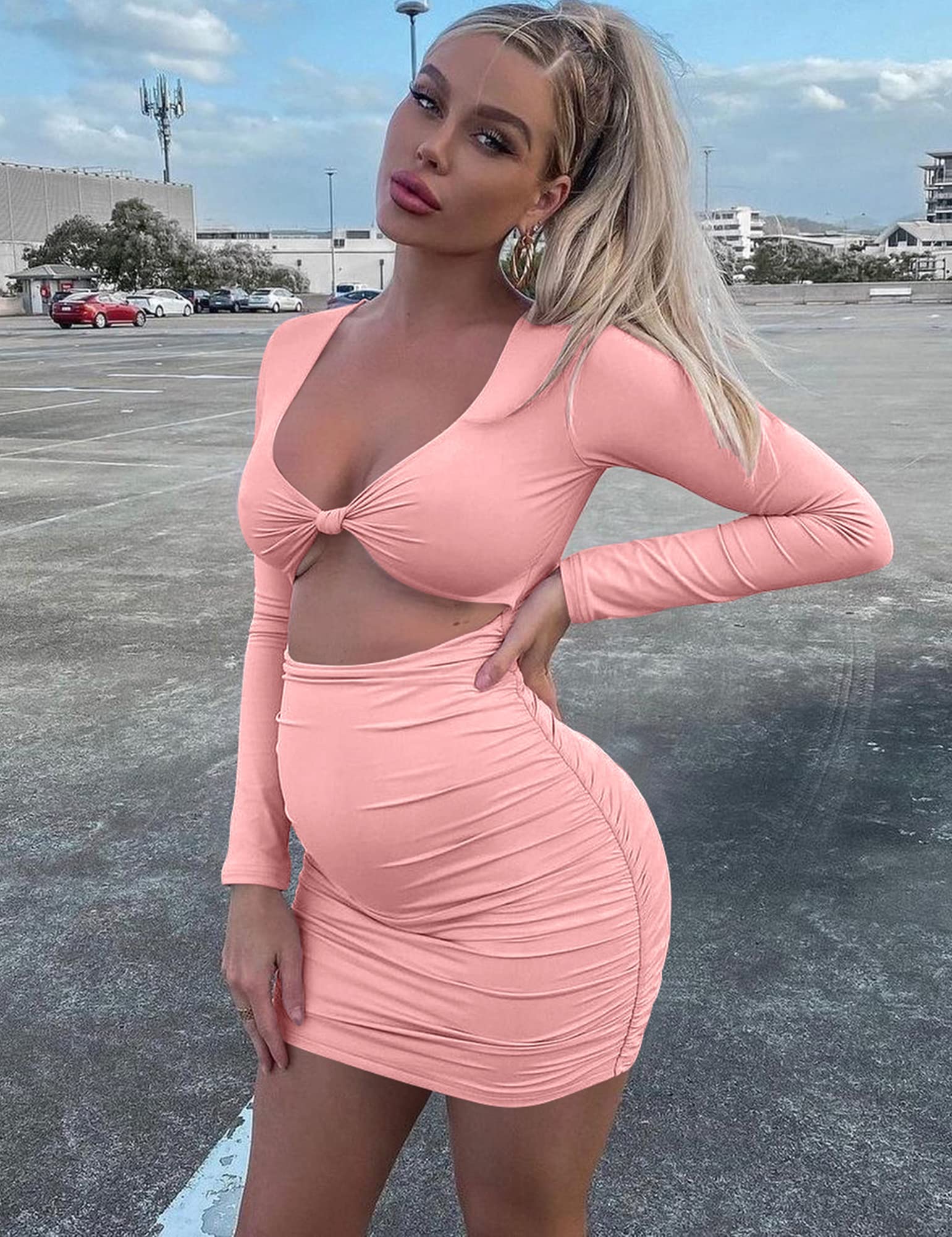 Kaximil Women's Sexy Bodycon Long Sleeve Cut Out Ruched Mini Club Party Dresses, Medium, Pink