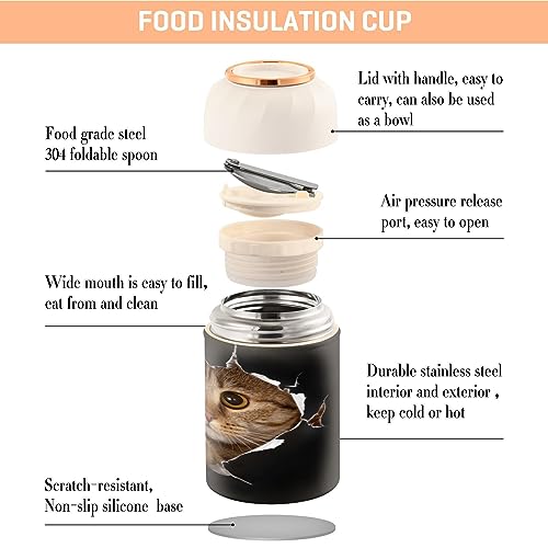 CUPADA Cat Funny Food Jar, Black Paper Hole Insulated Hot Food Jars Vacuum 17OZ with Folding Spoon for Work Trip Picnic Camping