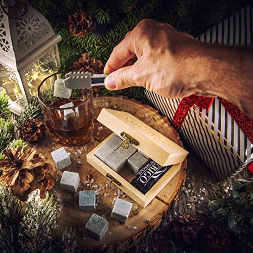 Luxury Whiskey Stones Gift Set - Set of 9 Whiskey Rocks - Reusable Ice Cubes for Drinks - Great Whiskey Gift for Man - Handcrafted Whisky Stones Set - Chilling Stones + Ice Tongs + 2 Classy Coasters
