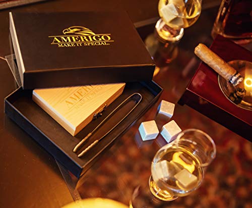 Luxury Whiskey Stones Gift Set - Set of 9 Whiskey Rocks - Reusable Ice Cubes for Drinks - Great Whiskey Gift for Man - Handcrafted Whisky Stones Set - Chilling Stones + Ice Tongs + 2 Classy Coasters