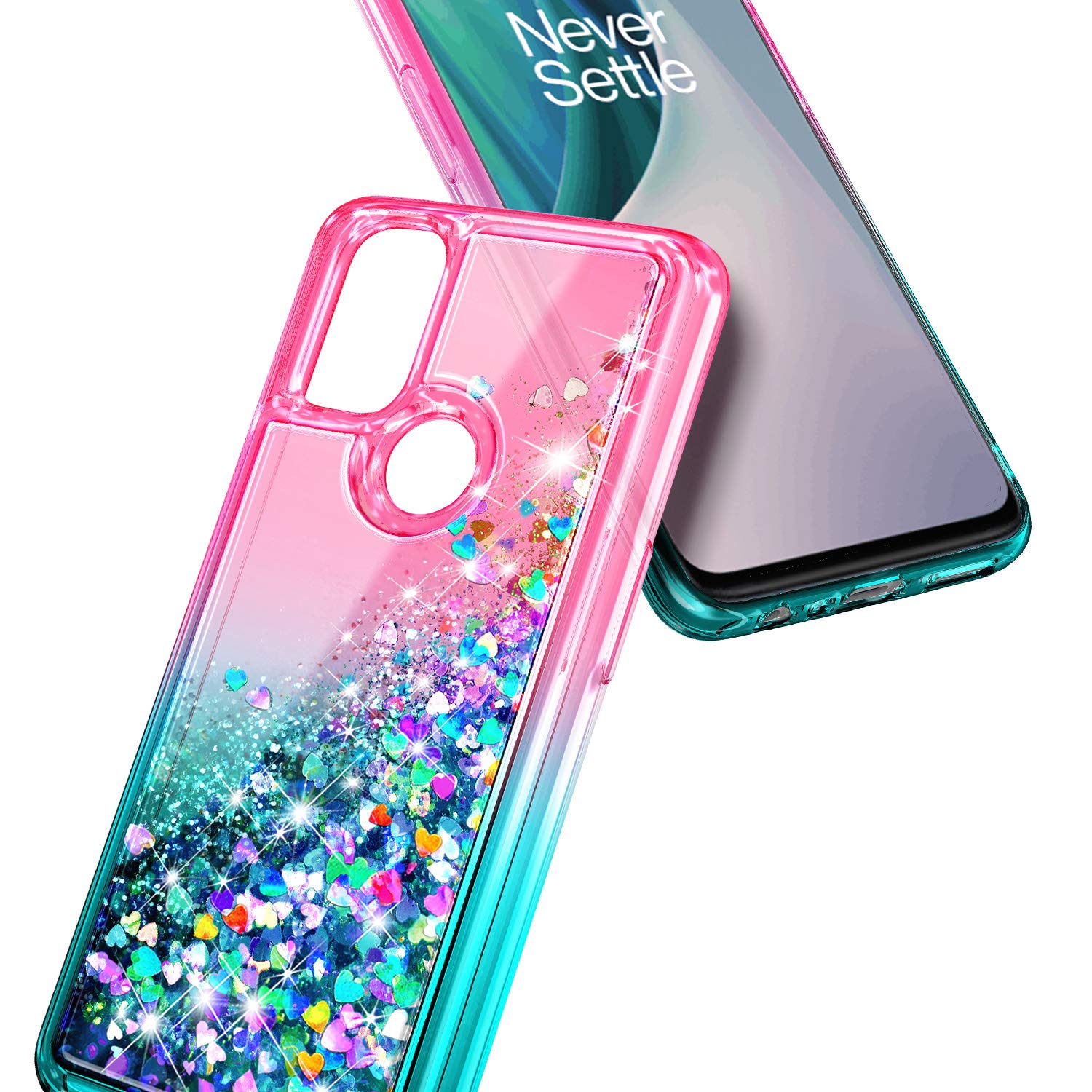 NZND Designed for OnePlus Nord N10 5G Case, Sparkle Glitter Flowing Liquid Women Girls Cute Phone Case for OnePlus Nord N10 5G (Pink/Aqua)