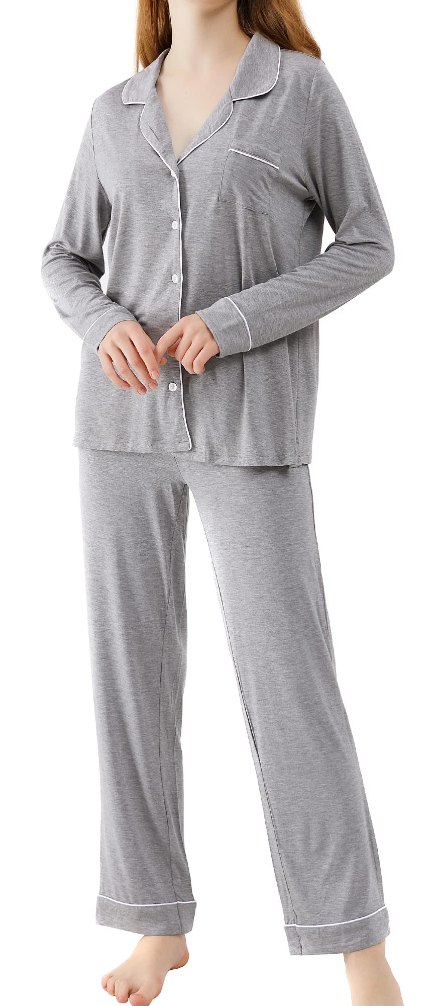 WiWi Viscose from Bamboo Pajamas Set for Women Soft Long Sleeve Button Down Sleepwear Plus Size Pj Lounge Sets S-3X, Heather Grey, 3X