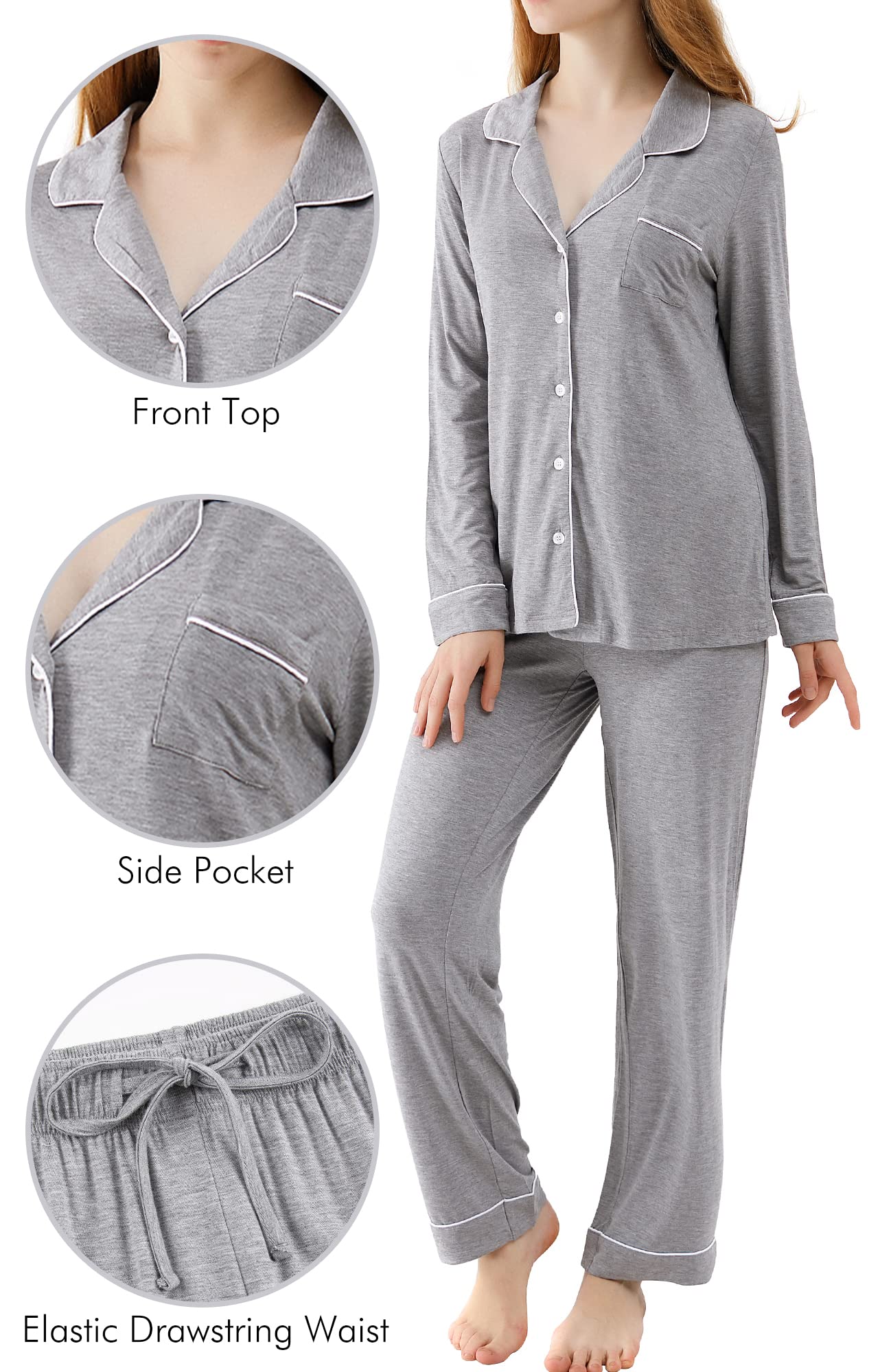 WiWi Viscose from Bamboo Pajamas Set for Women Soft Long Sleeve Button Down Sleepwear Plus Size Pj Lounge Sets S-3X, Heather Grey, 3X