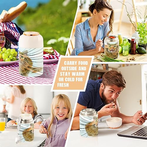 CUPADA Ginger Cat Lovely Food Jar, Broken Glass Design Insulated Hot Food Jars Vacuum 17OZ with Folding Spoon for Work Trip Picnic Camping