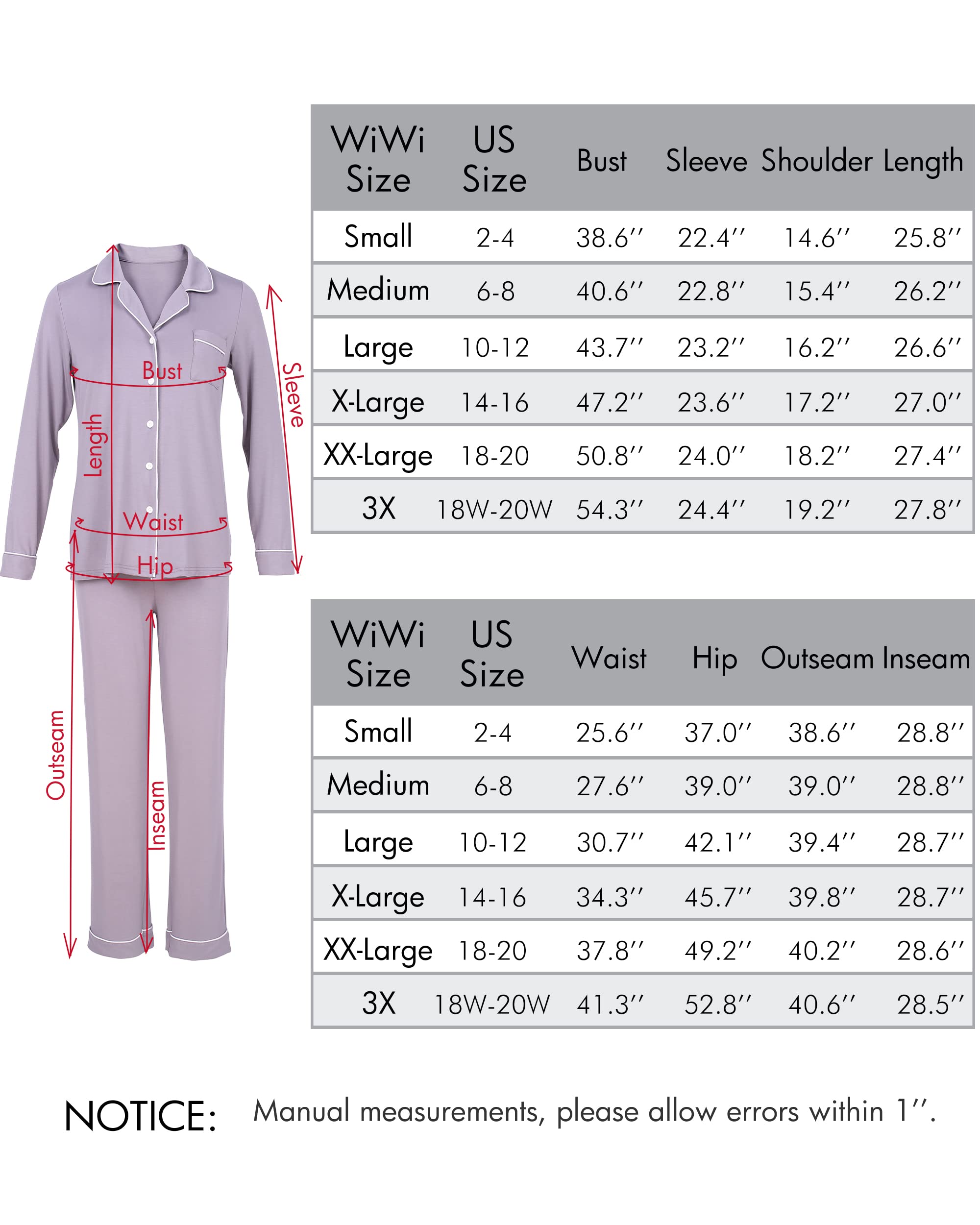 WiWi Viscose from Bamboo Pajamas Set for Women Soft Long Sleeve Button Down Sleepwear Plus Size Pj Lounge Sets S-3X, Heather Grey, 3X