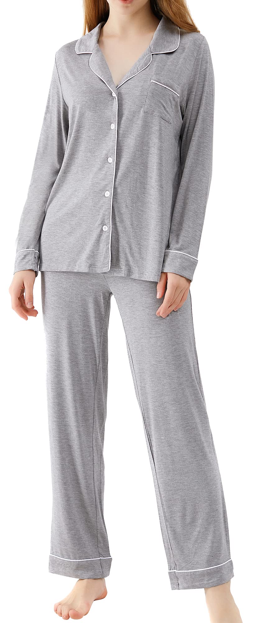 WiWi Viscose from Bamboo Pajamas Set for Women Soft Long Sleeve Button Down Sleepwear Plus Size Pj Lounge Sets S-3X, Heather Grey, 3X