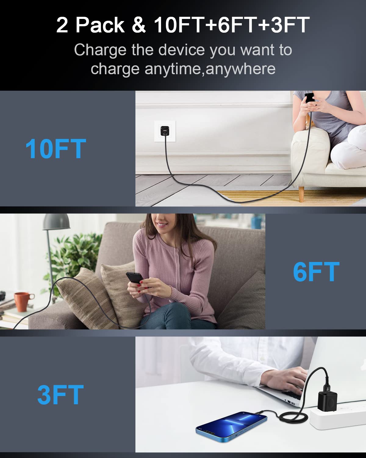 USB A to Lightning Cord, 2Pack/3Ft Nylon Braided iPhone Charger Cable, Apple Approved Fast Charging Power Wire for iPhone 14, 13 Pro Max, 13Pro, 13 Mini, 12 11 10 XR XS X 8 Plus 7 Fast Cargador Chord