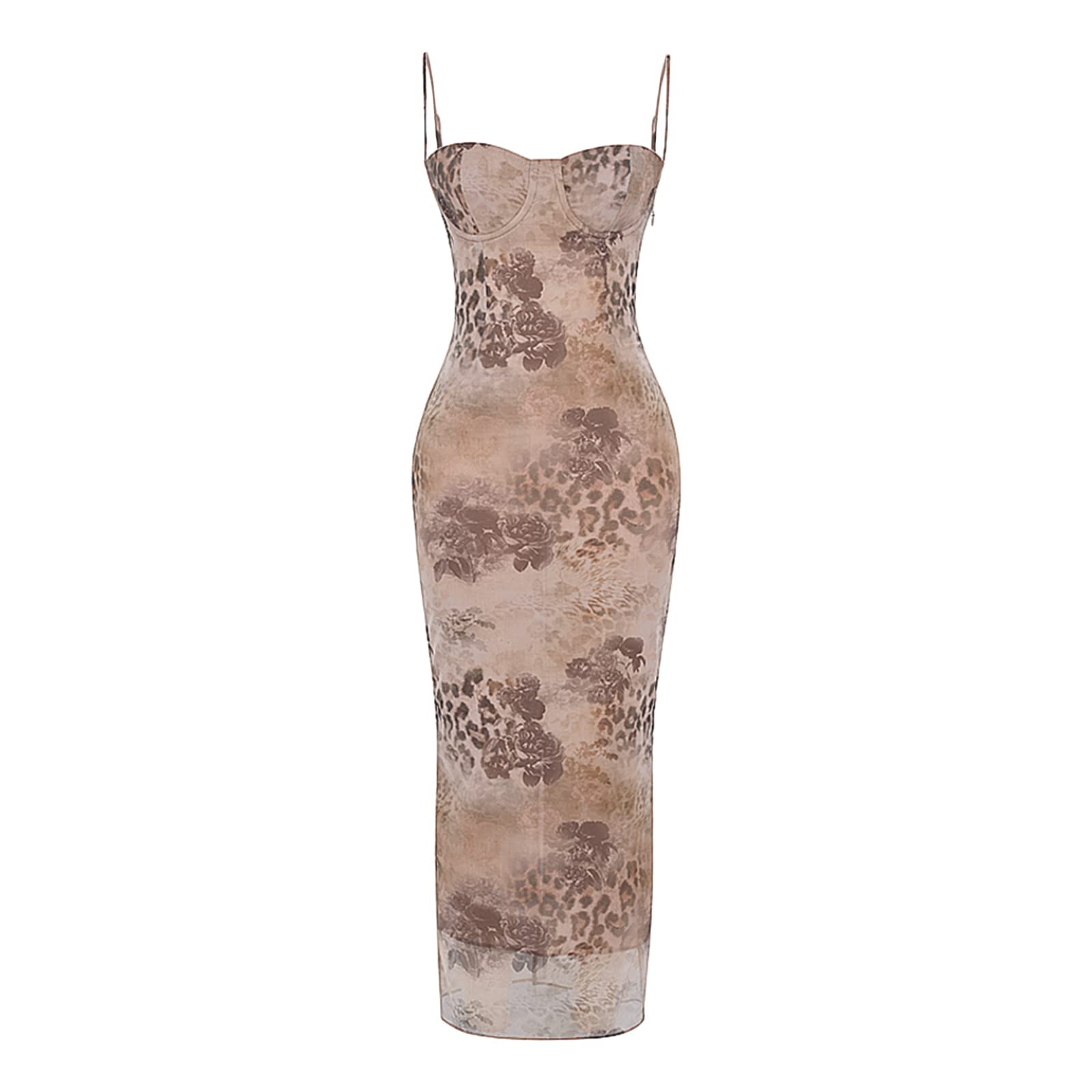 Women' Summer Floral Maxi Dress Vintage Spaghetti Strap Backless Bodycon Long Dresses Evening Party Midi Dress (Retro Brown, L)