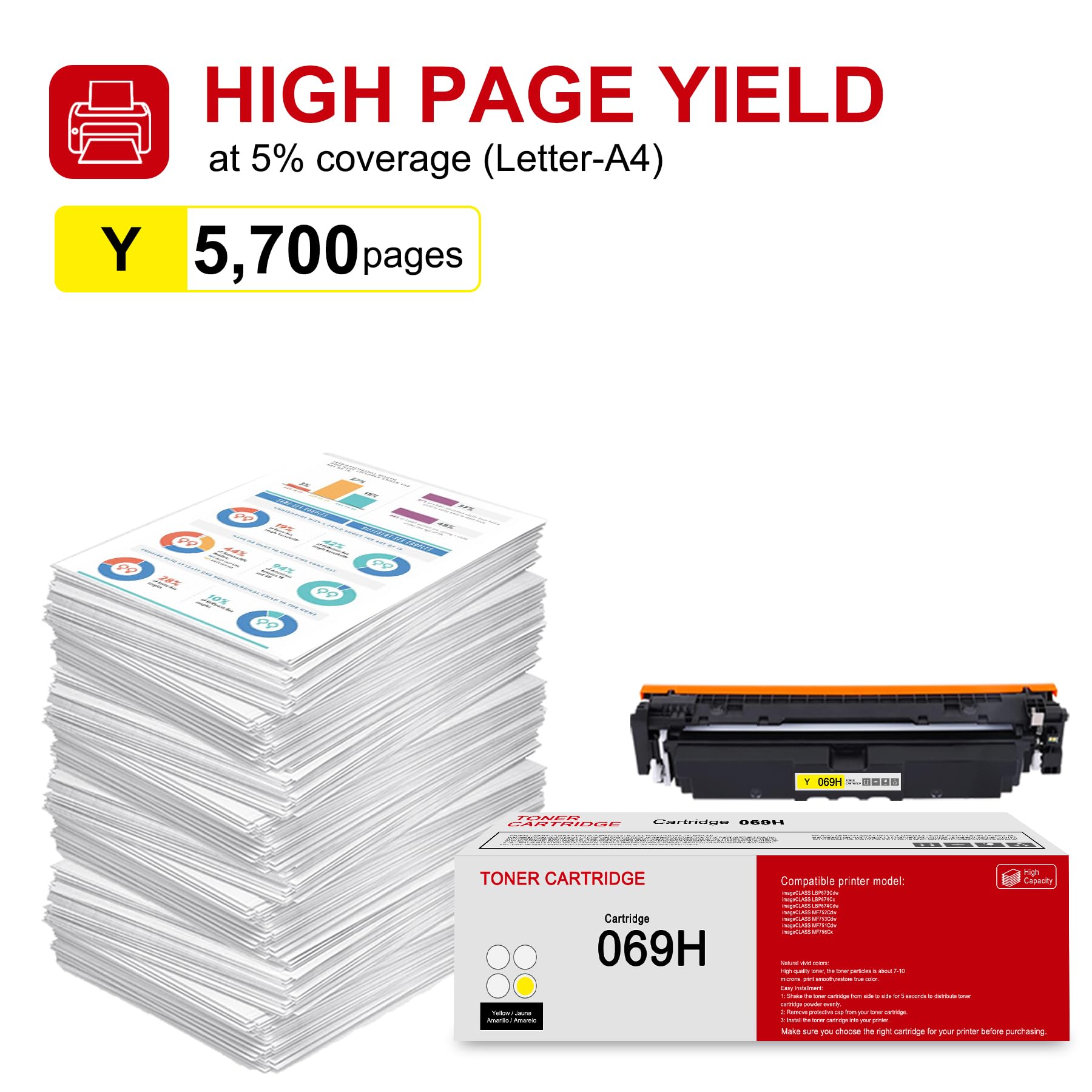 2 Pack 069H 5095C001 Yellow Toner Cartridge 069H 5095C001 Compatible 5095C001 Replacement for Canon imageCLASS LBP673Cdw LBP674Cx LBP674Cdw MF752Cdw MF753Cdw MF751Cdw MF756Cx Printer