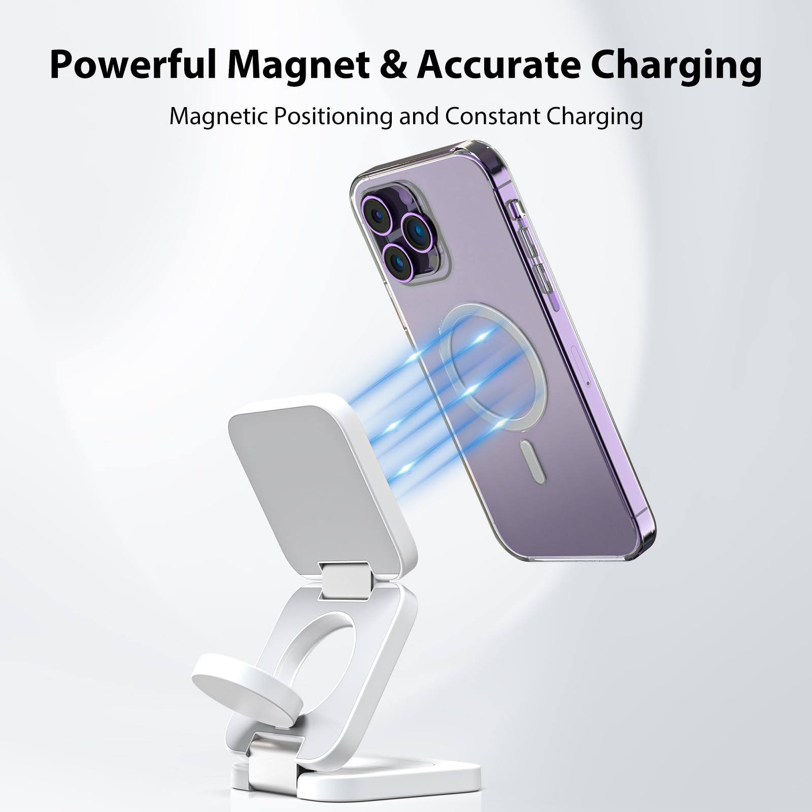 KU XIU Fast Wireless Charger, Magnetic Foldable 3 in 1 Charging Station for iPhone 16/15/14/13/12/Pro/Plus/Pro Max, 5W Portable Charger for Apple Watch9/8/7/6/5/4/3/SE, for Airpods3/2/Pro-White