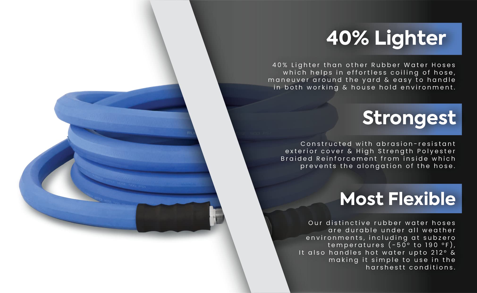 AG-LITE BSALONE100 1" x 100' Hot/Cold Water Rubber Garden Hose, 100% Rubber, Ultra-Light, Super Strong, 500 PSI, 50F to 190F Degrees, High Strength Polyester Braided, 2x Water Flow