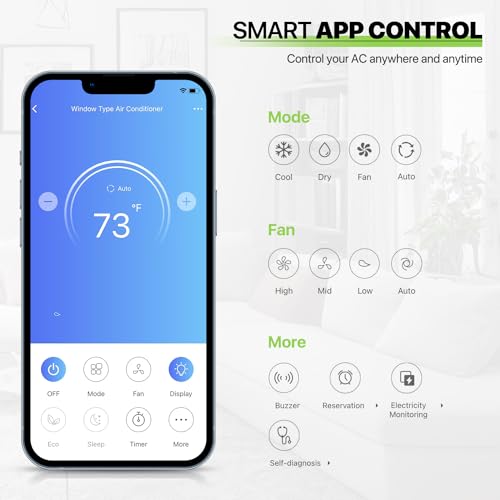 Magshion 8000 BTU Window Air Conditioner with Remote & App Control, 6 Modes β Cool, Dry, Auto-Restart, Fan, Sleep, Cools Rooms up to 350 Sq. Ft., Quiet AC Unit with Easy Install Kit