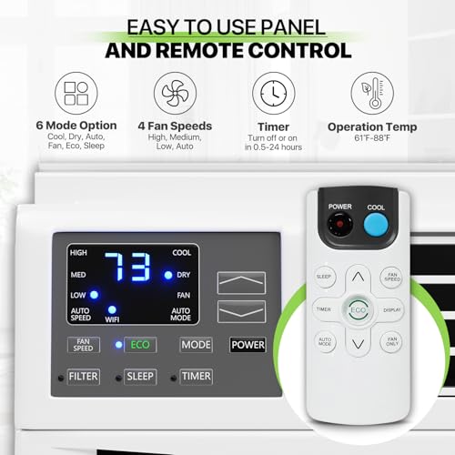 Magshion 8000 BTU Window Air Conditioner with Remote & App Control, 6 Modes β Cool, Dry, Auto-Restart, Fan, Sleep, Cools Rooms up to 350 Sq. Ft., Quiet AC Unit with Easy Install Kit