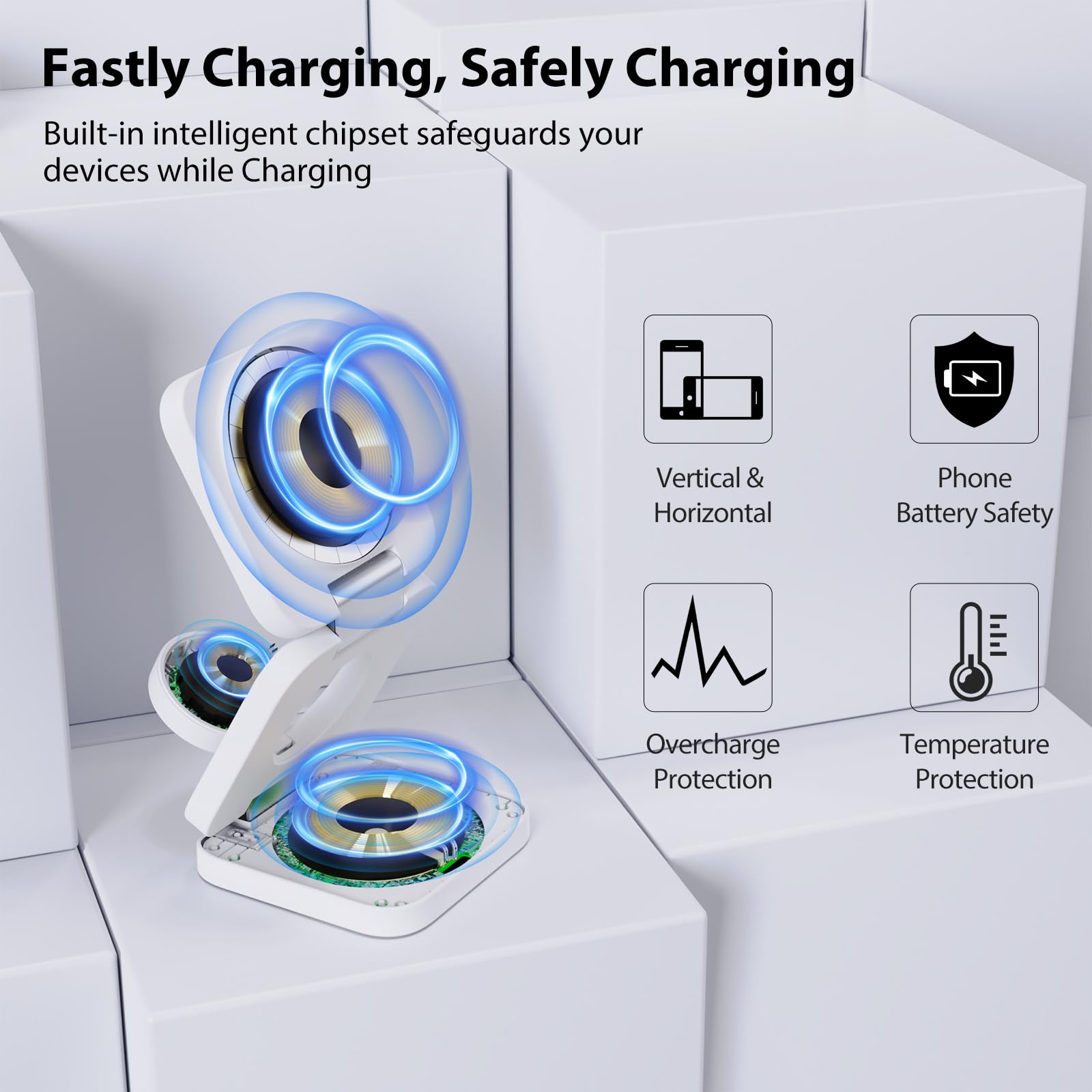 KU XIU Fast Wireless Charger, Magnetic Foldable 3 in 1 Charging Station for iPhone 16/15/14/13/12/Pro/Plus/Pro Max, 5W Portable Charger for Apple Watch9/8/7/6/5/4/3/SE, for Airpods3/2/Pro-White