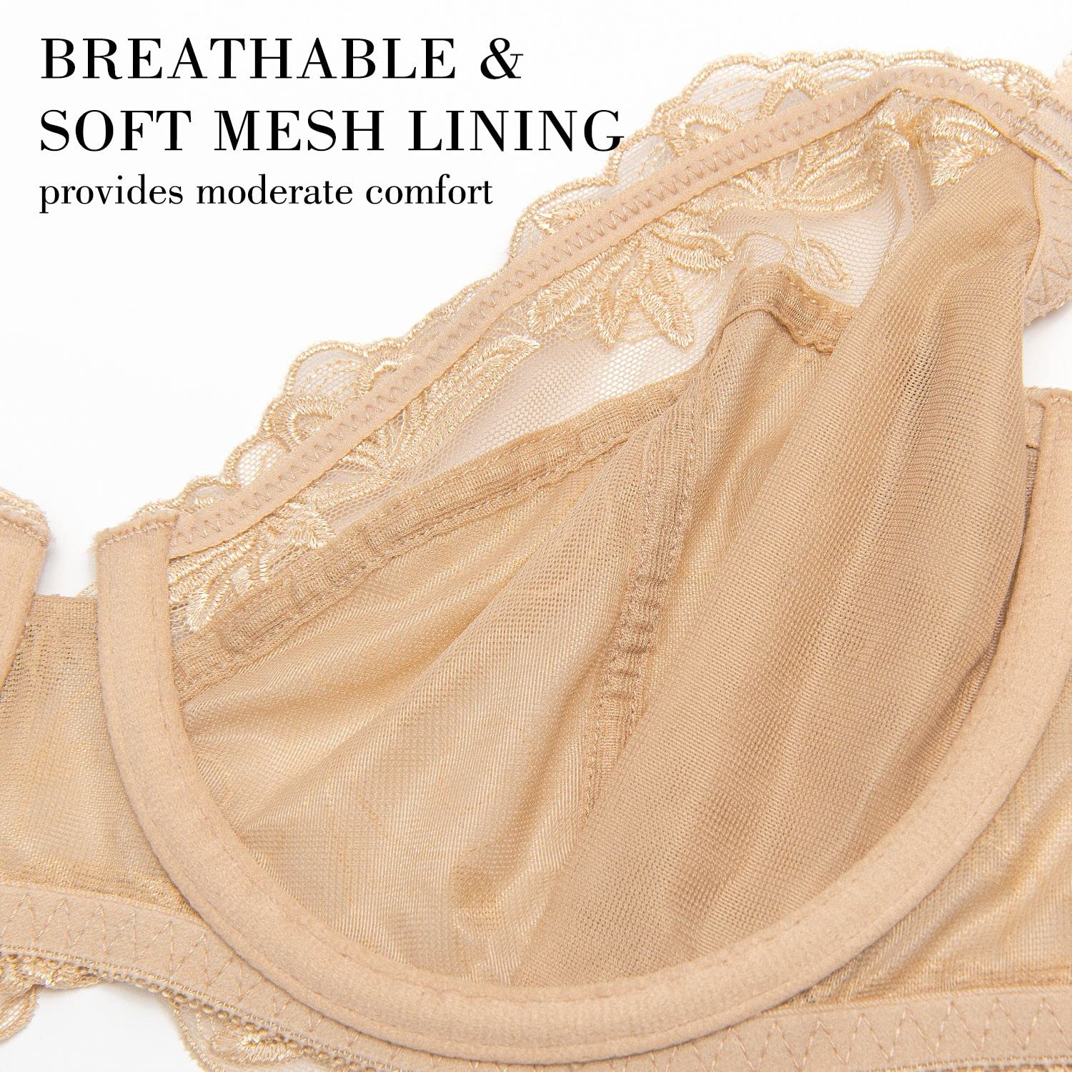 Wingslove Women's Sexy Lace Plus Size Embroidered Sheer Unpadded Underwire Unlined See Through Bra (Nude, 36G)
