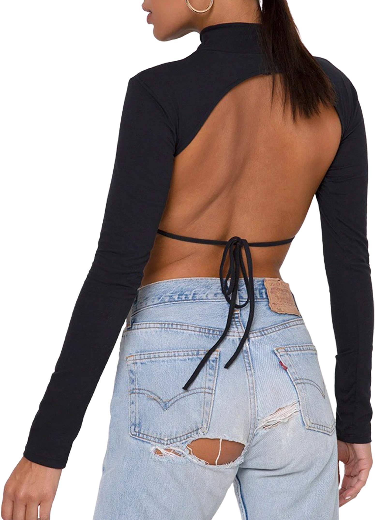 Remidoo Women's Sexy Backless Mock Neck Long Sleeve Crop Top T-Shirt Solid Black Large