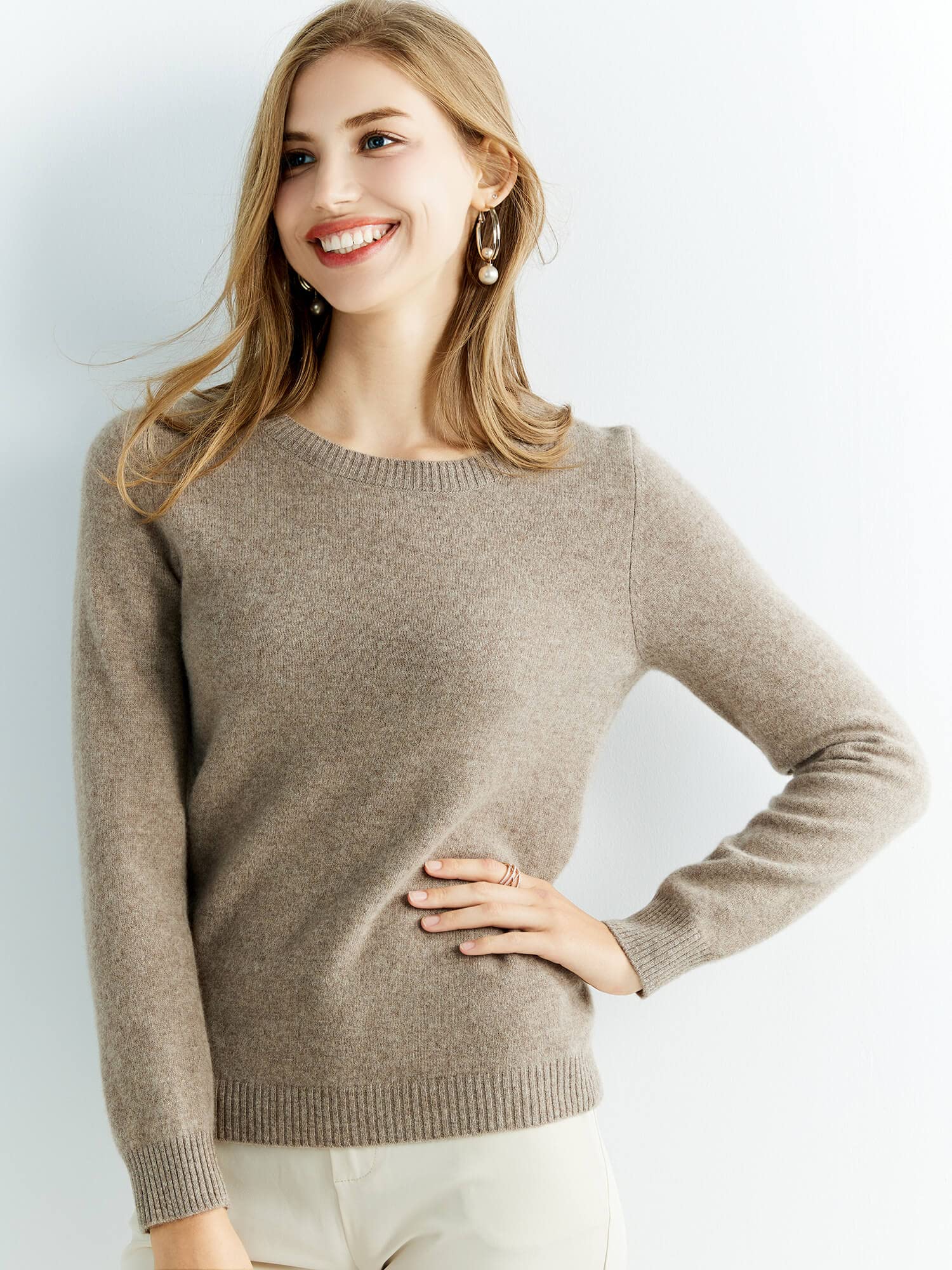 LINY XIN 100% Merino Wool Sweater Women Fall Winter Warm Soft Lightweight Knitted Pullover Crewneck Long Sleeve Sweater (Tan,L)