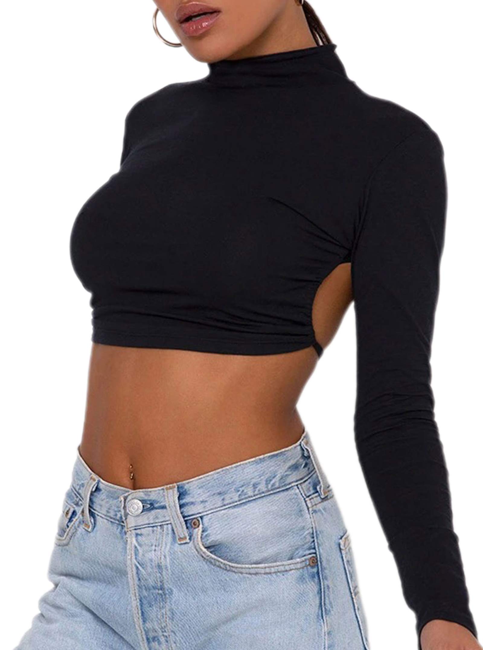 Remidoo Women's Sexy Backless Mock Neck Long Sleeve Crop Top T-Shirt Solid Black Large