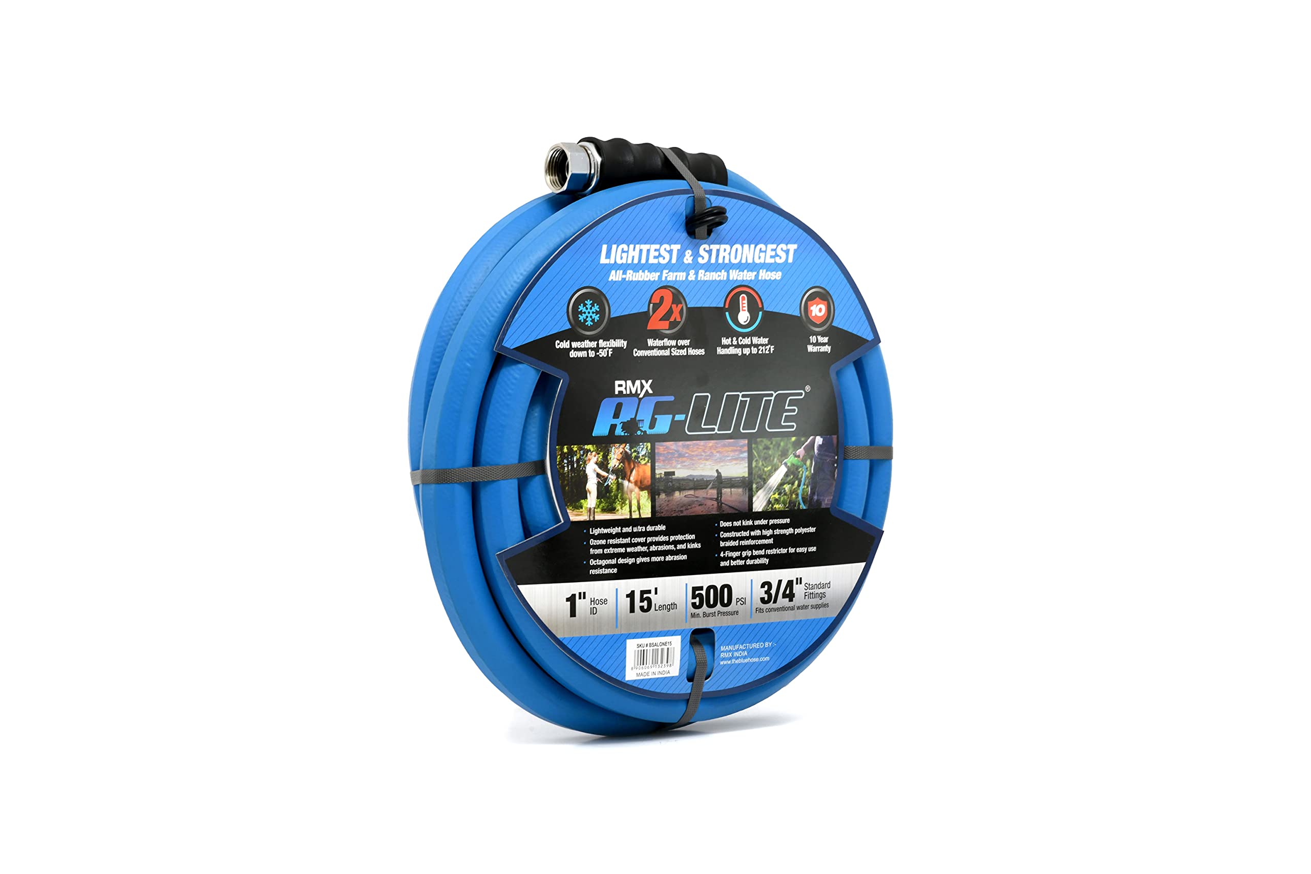 AG-LITE BSALONE15 1" x 15' Hot/Cold Water Rubber Garden Hose, 100% Rubber, Ultra-Light, Super Strong, 500 PSI, 50F to 190F Degrees, High Strength Polyester Braided, 2x Water Flow