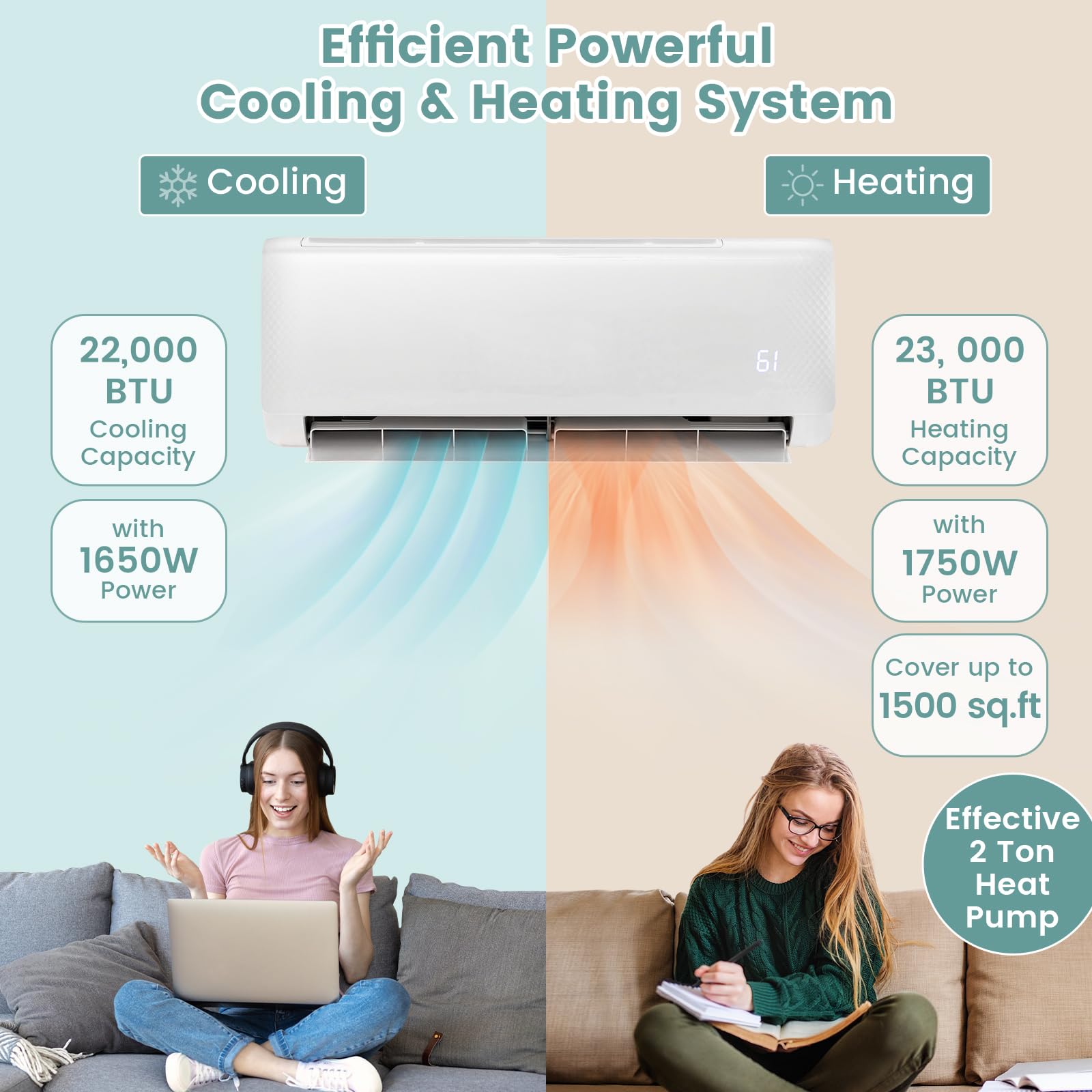 ARLIME Mini Split AC/Heating System, 24000 BTU 21 SEER2 Energy Saving Split Air Conditioner w/ 1.5 Ton Heat Pump & Installation Kit, Washable Filter, Ductless AC Unit Cools Up to 1500 Sq.ft, 230V