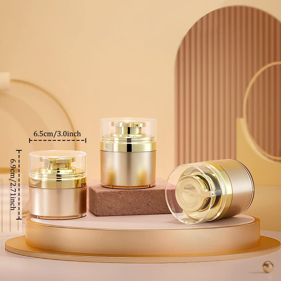 3pcs Golden Refillable Vacuum Bottle Cream Jar Side Leaking 1.0 oz 30ml Cosmetic Air Pump Jars Travel Containers Lotion Cream Dispenser for Makeup Lotion Moisturizer Creams