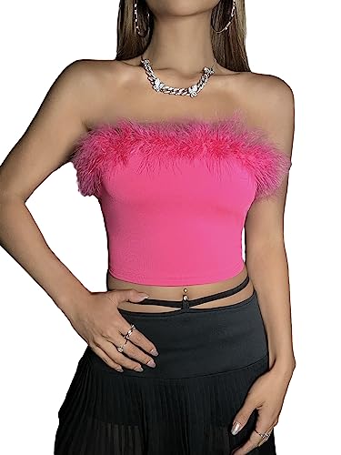 SOLY HUX Women's Sexy Sleeveless Crop Tube Fuzzy Trim Contrast Faux Fur Summer White Tops Plain HotPink S