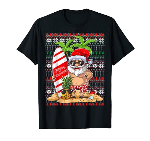 Ugly Christmas Costume Hawaiian Santa Surfing T-Shirt