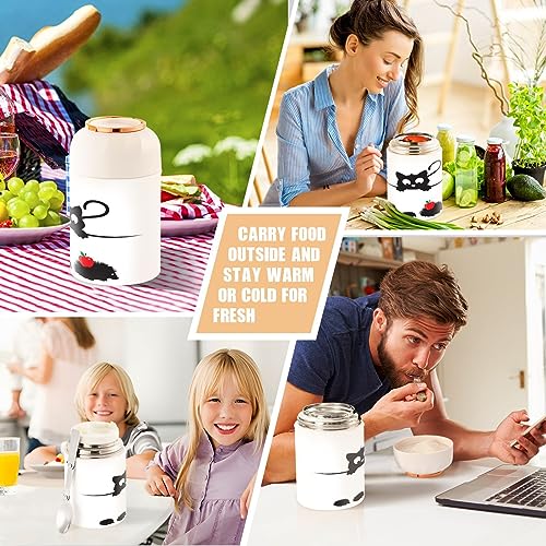 CUPADA Black Cat Hedgehogs Food Jar, Funny Kitten Cute Insulated Hot Food Jars Vacuum 17OZ with Folding Spoon for Work Trip Picnic Camping