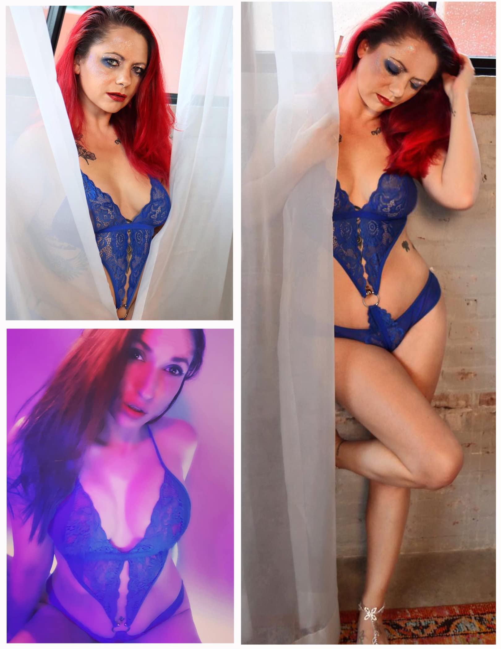 Avidlove Lingerie for Women Sexy Halter Mini Teddy Bodysuit One Piece Lace Babydoll Royal Blue