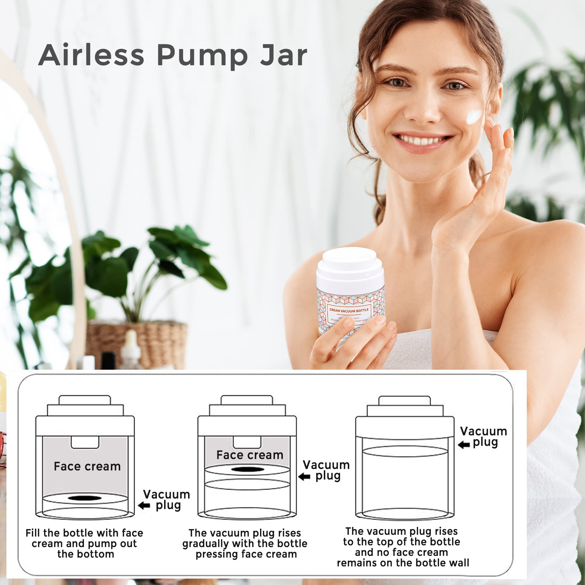 3pcs Airless Pump Jars for Lotions and Creams, 0.5/1/1.7oz Airless Cosmetic Pump Container, Cream Jar Vacuum Bottle Dispenser, Refillable Airless Pump Bottles for Lotions and Creams