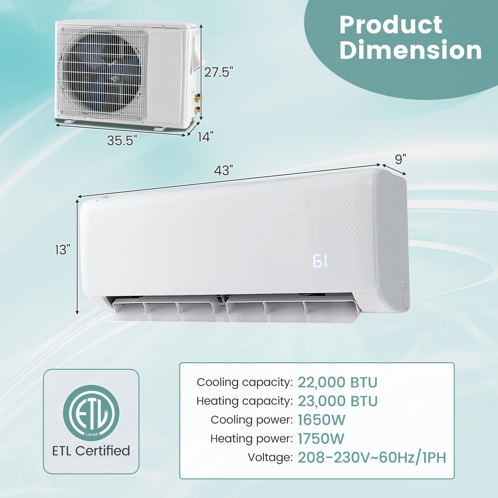 ARLIME Mini Split AC/Heating System, 24000 BTU 21 SEER2 Energy Saving Split Air Conditioner w/ 1.5 Ton Heat Pump & Installation Kit, Washable Filter, Ductless AC Unit Cools Up to 1500 Sq.ft, 230V