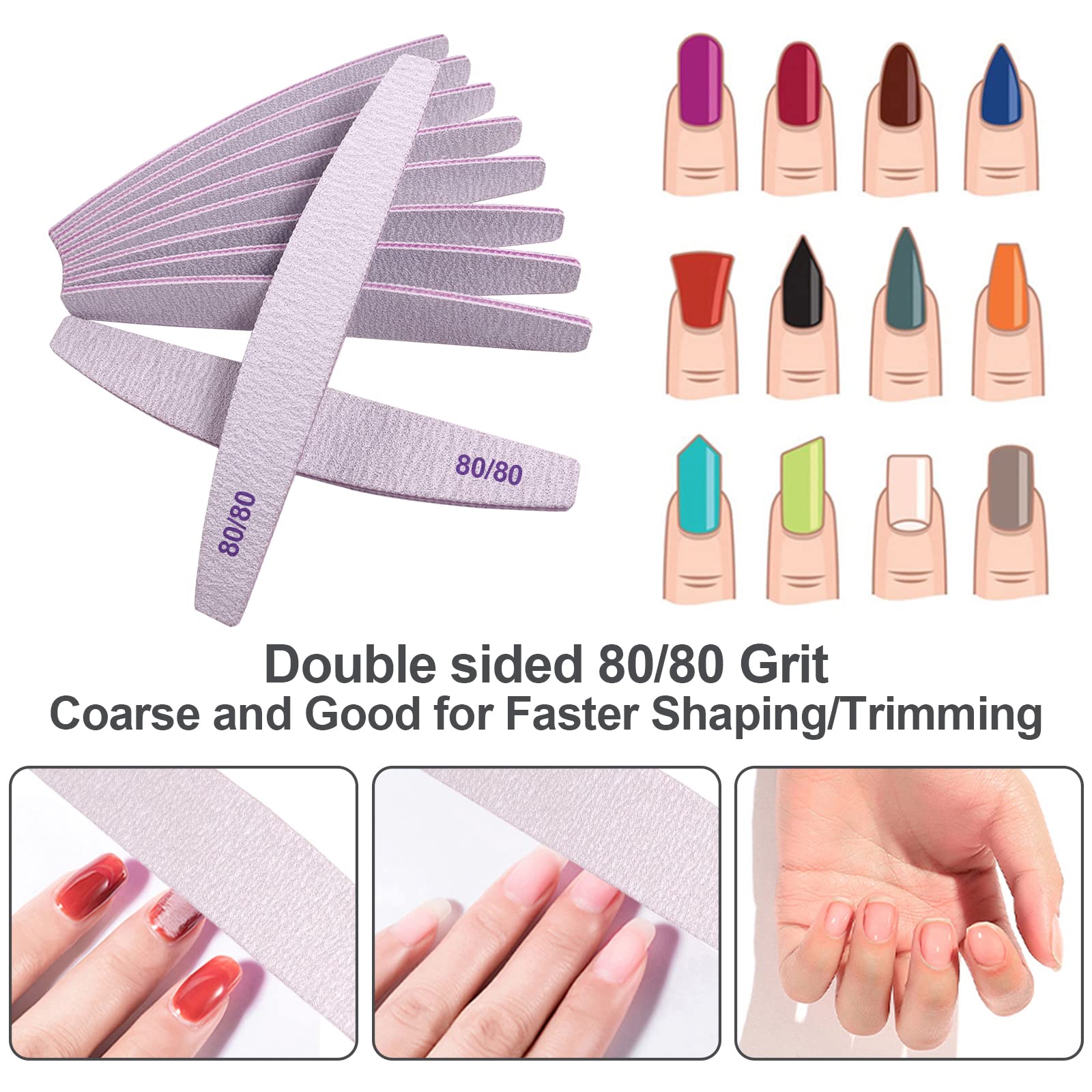 80/80 Grit Nail Files (10 Pack), Emery Boards for Acrylic Nails and Gel Nails, Coarse Nail File Double Sided 80 Grits Emory Professional Nail Filers Reusable Washable Manicure Curved Gray