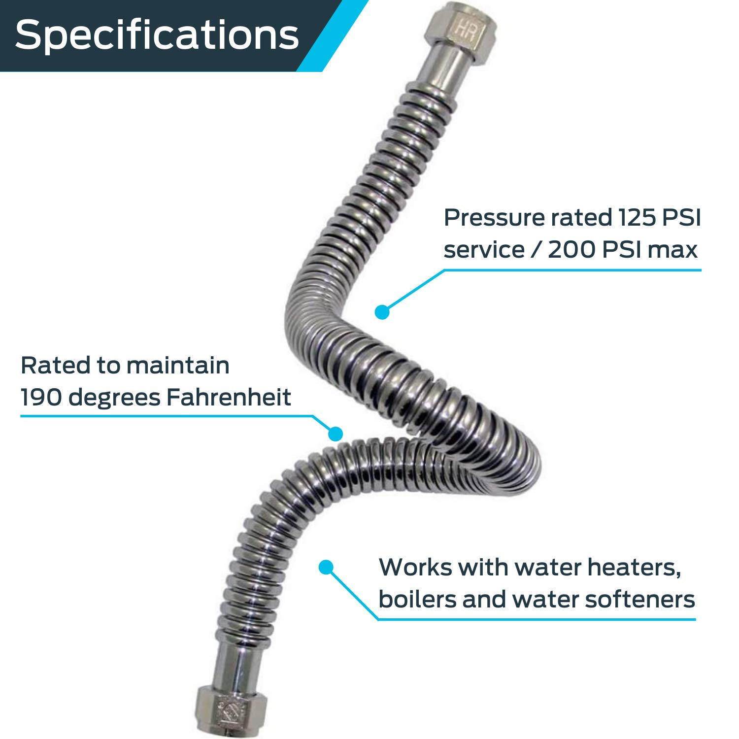 Holdrite QuickFlex 1 Inch FIP x 3/4 Inch FIP x 24 Inch Water Heater Connectors, Corrugated, Stainless Steel, QFC-17524