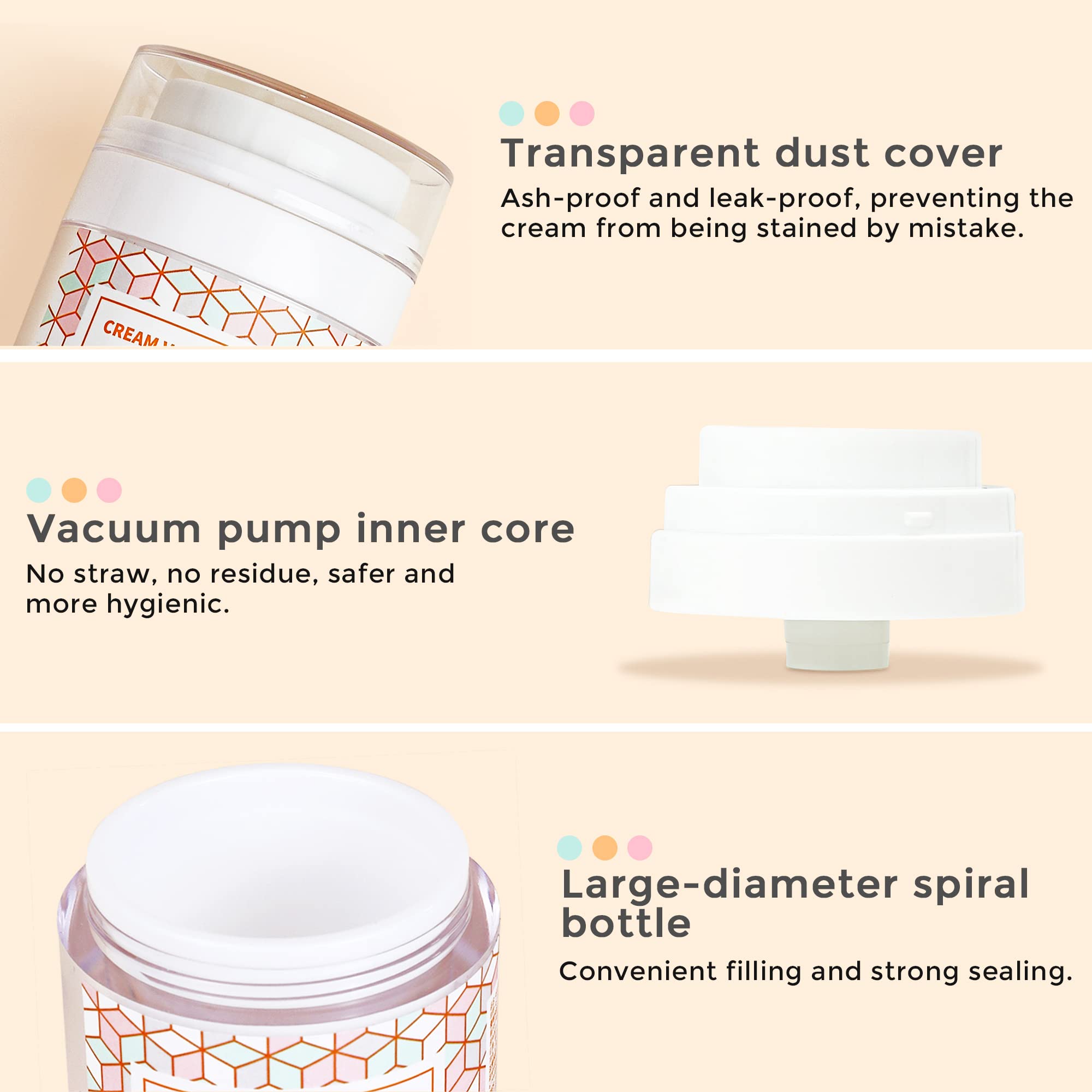 3pcs Airless Pump Jars for Lotions and Creams, 0.5/1/1.7oz Airless Cosmetic Pump Container, Cream Jar Vacuum Bottle Dispenser, Refillable Airless Pump Bottles for Lotions and Creams