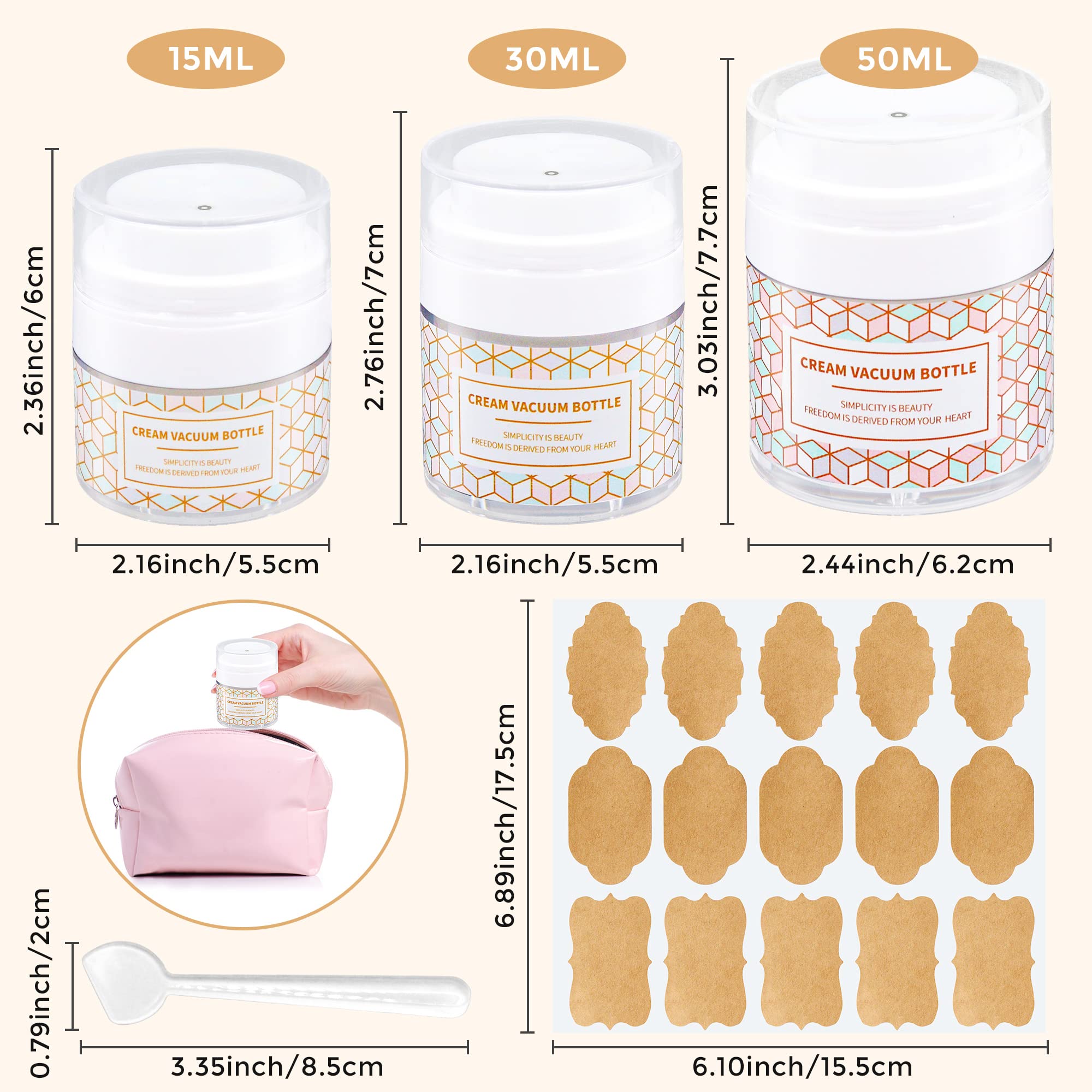 3pcs Airless Pump Jars for Lotions and Creams, 0.5/1/1.7oz Airless Cosmetic Pump Container, Cream Jar Vacuum Bottle Dispenser, Refillable Airless Pump Bottles for Lotions and Creams