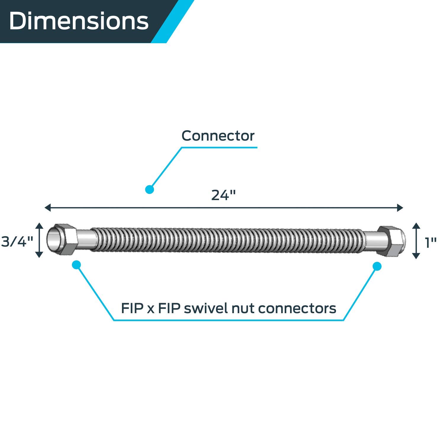 Holdrite QuickFlex 1 Inch FIP x 3/4 Inch FIP x 24 Inch Water Heater Connectors, Corrugated, Stainless Steel, QFC-17524