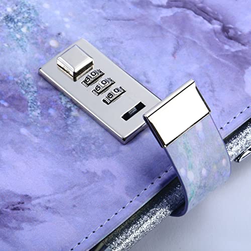 Diary with Lock for Girls and Women, Lock Diary for Teen Girls with Leather Cover and Pen holder, Size A5 Password Notebook with Combination Lock, Sparkly Silver Writing Pen included (Purple 2)