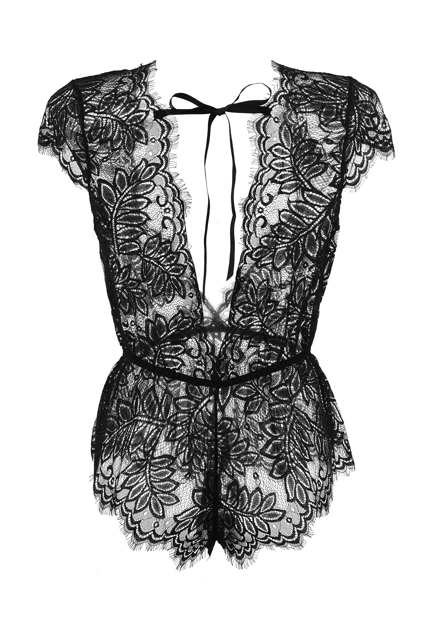 Anyou Womens Lingerie V-Neck Lace Bodysuit Mini Babydoll Featuring Plunging Eyelash Size XS-XXL