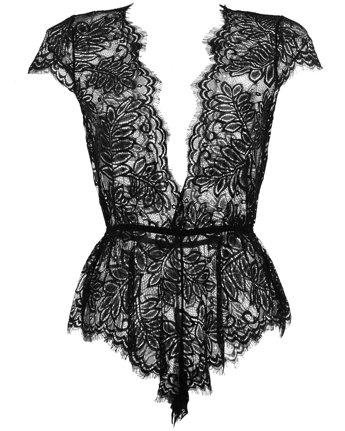 Anyou Womens Lingerie V-Neck Lace Bodysuit Mini Babydoll Featuring Plunging Eyelash Size XS-XXL